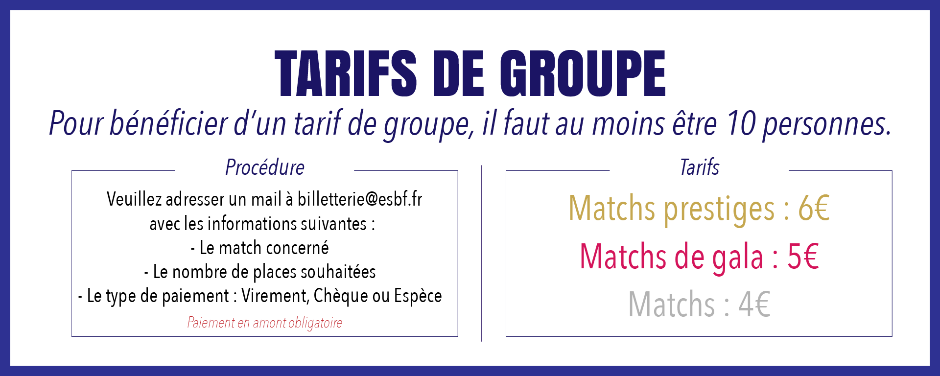 TARIFS BILLETTERIE – ESBF